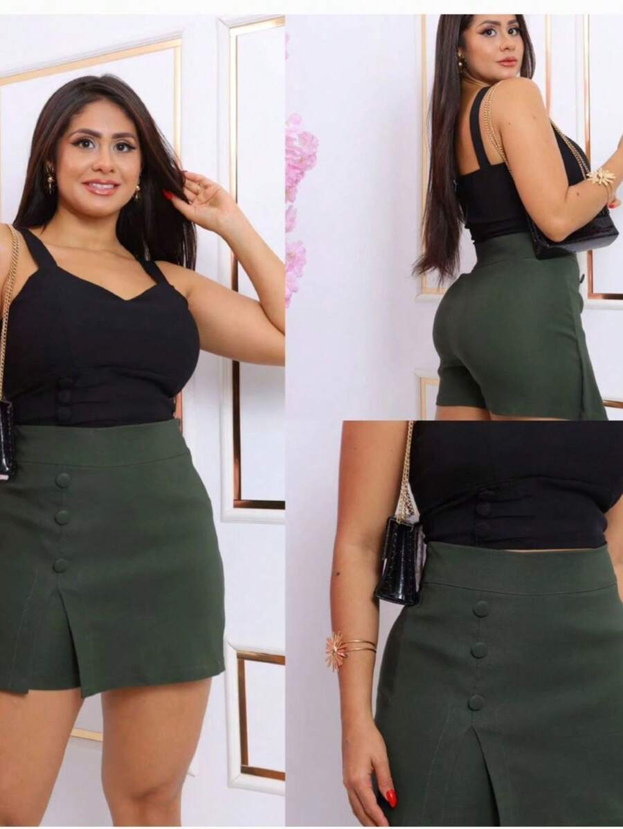 shorte saia feminina Bengaline com Botoes Lateral | SHEIN Brasil