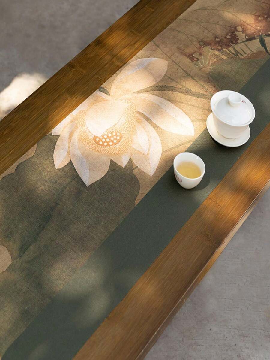 iqipa White Lotus Design Table Runner, Chinese Style Zen Tea Cloth ...