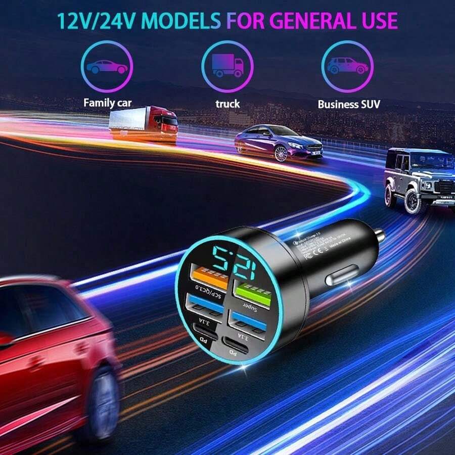 A Black 6-Port Car Charger For Fast Charging PD Plus USB Interface Car ...