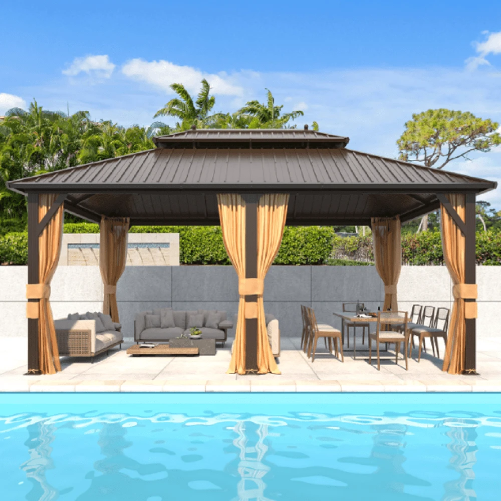 12 Ft X 20 Ft Hardtop Gazebo Galvanized Steel Outdoor Gazebo, Brown ...