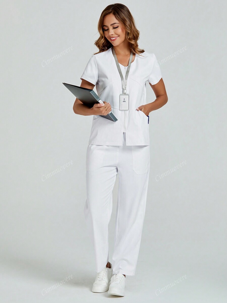 cimmuovere White Zipper Surgical Smock Nurse Uniform Workwear Set For ...