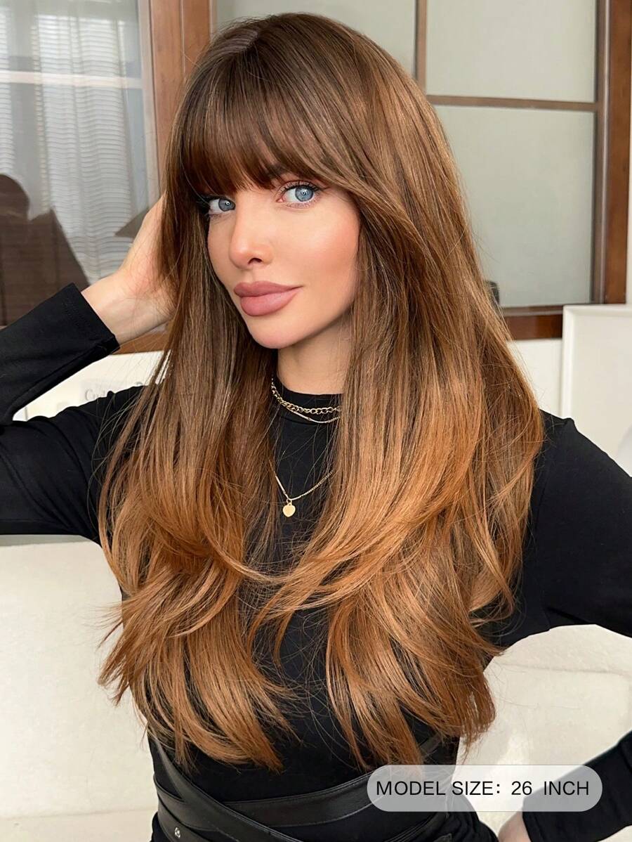 NICKY WALL ブラウン ブロンド オンブレ ロングカール レイヤードウィッグ、きれいな前髪、ダークルーツ、天然の高品質の熱に強い合成 ...