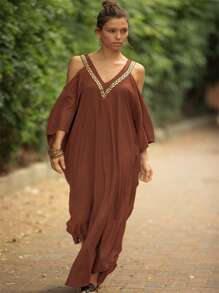 Women's Long Strapless Sleeve Beach Cover Up Camisole Embroidered Faux ...