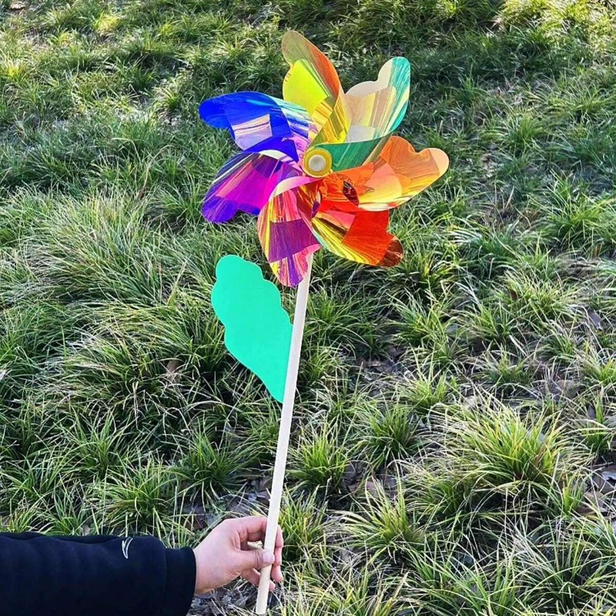 Large Laser Colorful Wooden Pole Windmill Handheld Toy Outdoor Garden ...