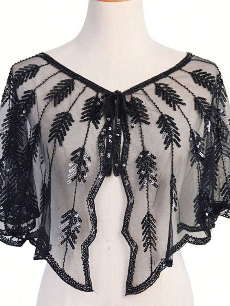 Retro 1920s Sequin Leaf Embroidery Shawl Vintage Thin Sheer Shiny Cloak ...