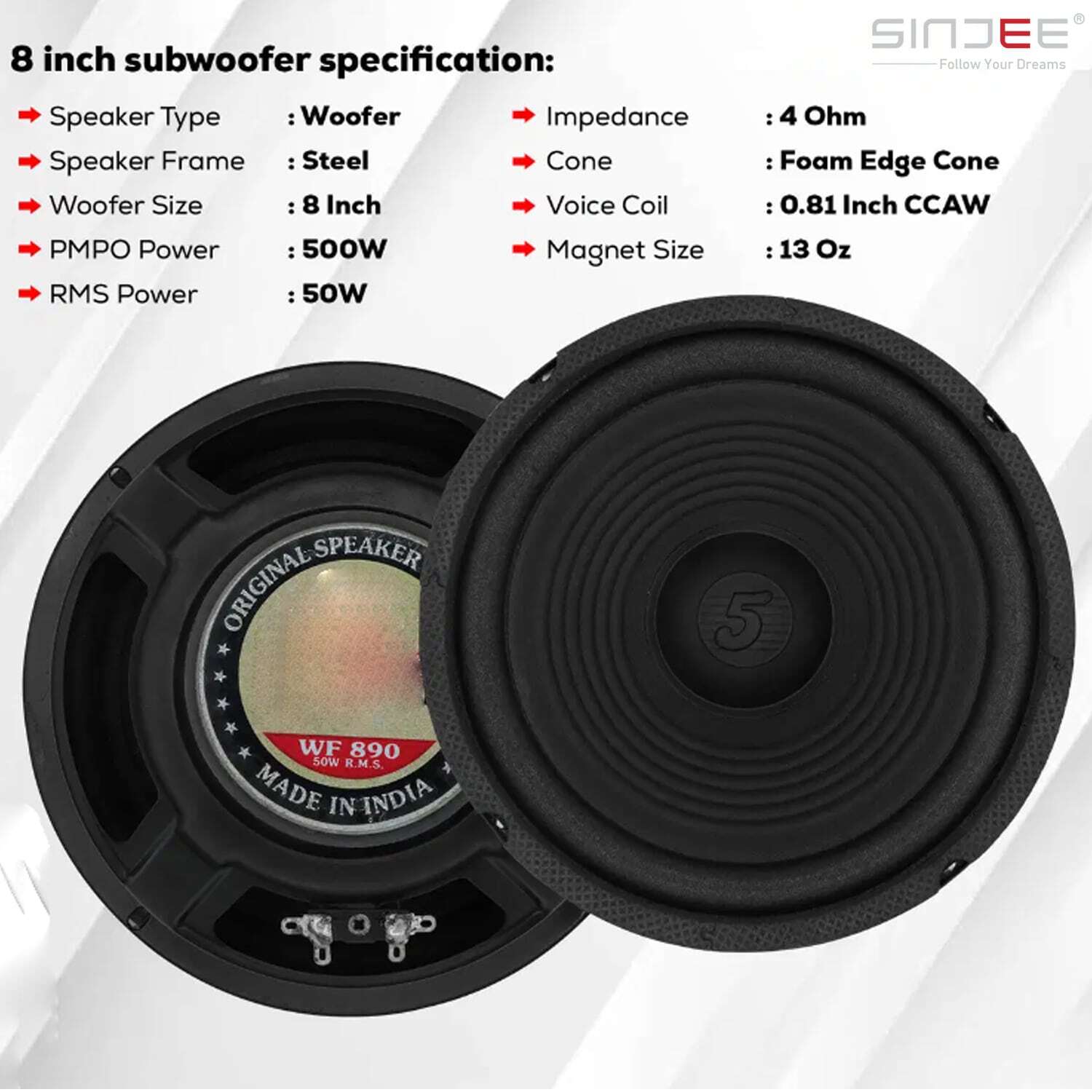8 Inch Subwoofer Speaker 500W Peak 4 Ohm Replacement Car Door Bass Sub ...