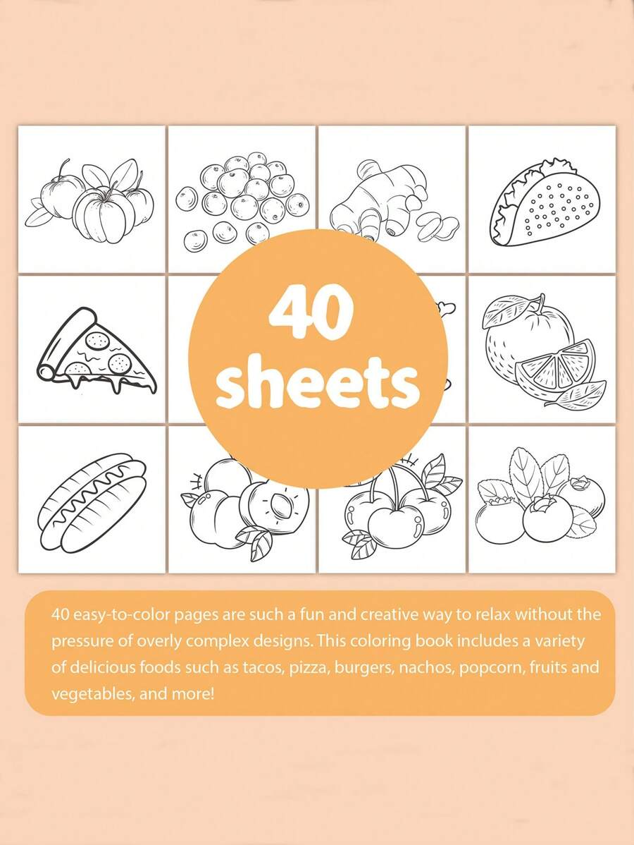 1pc Creative Coloring Book With 40 Pages Of Cartoon Food, Fruit ...