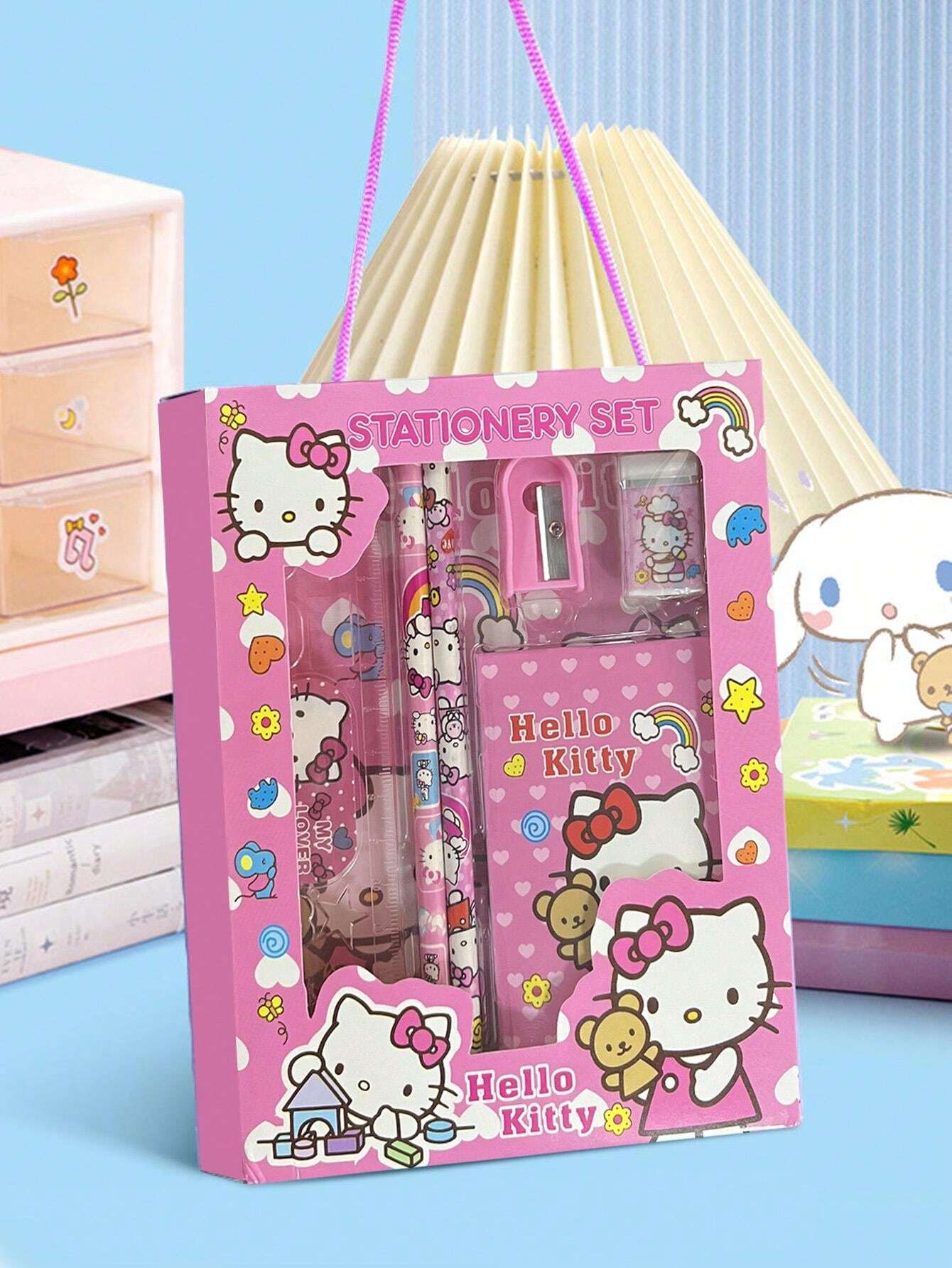 Cartoon Ruler Pencil Sharpener Eraser Notebook Set Creative Drawing Office Supplies Kitty Cat ...
