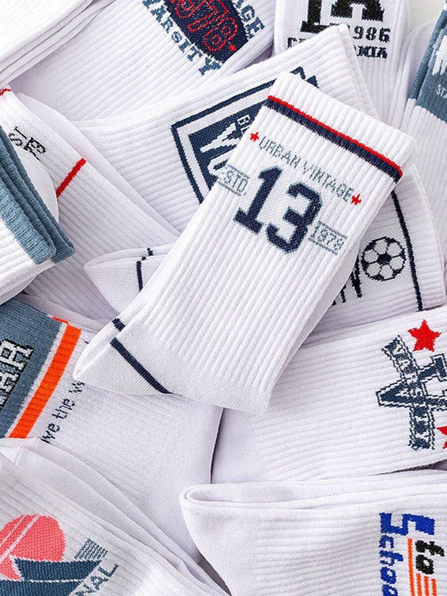 5 Pairs Of Random Style Color Letter Trend Men's Mid-Tube Socks Street ...