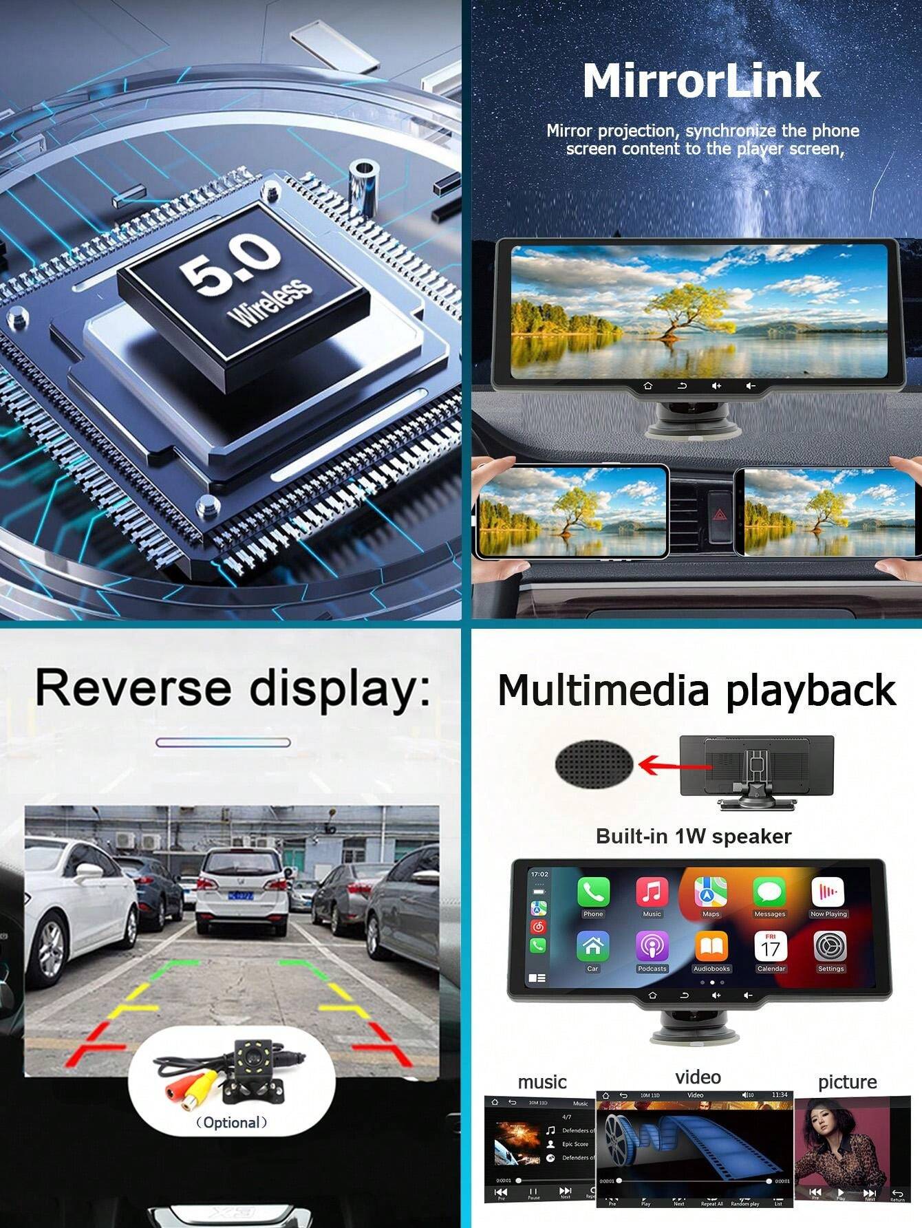 Rádio Multimídia para Carro de 26,06 cm com Apple CarPlay e Android Auto Sem Fio, Player de ...