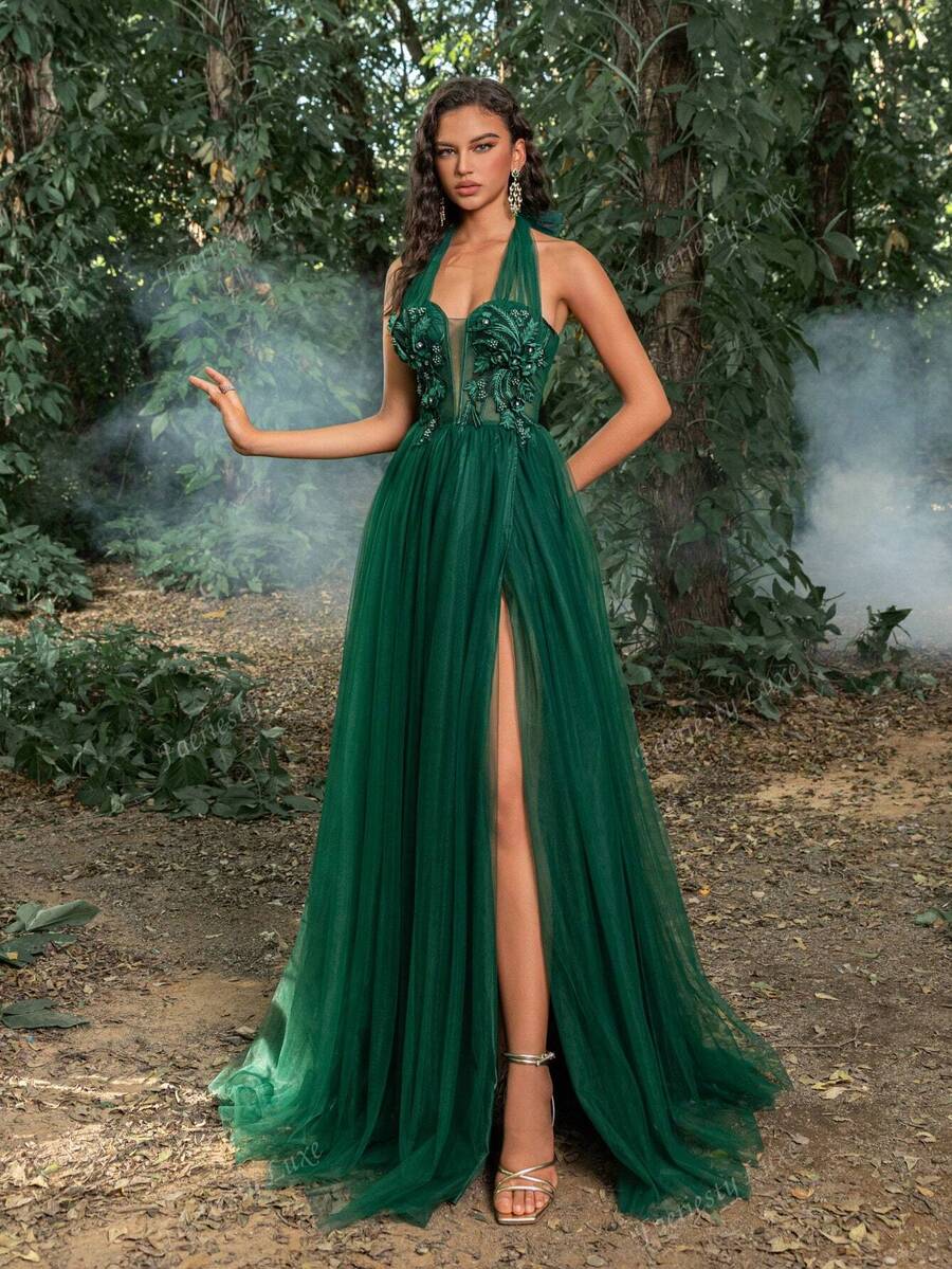 Faeriesty Robe de bal avec encolure ras-du-cou, corsage avec appliqués ...