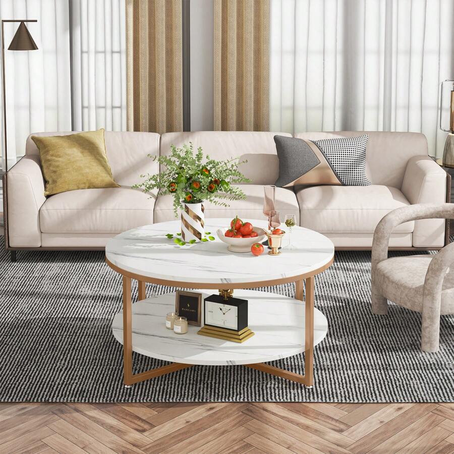 Tribesigns 76 CM 2 Tier Coffee Table With Storage, Modern Round Faux ...