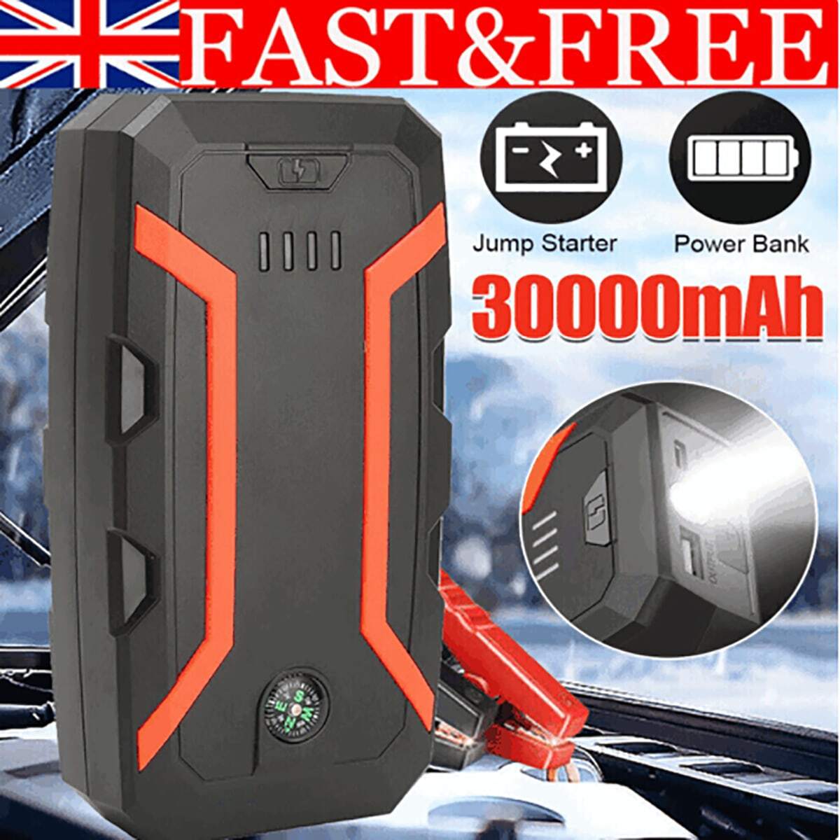 30000mah Car Jump Starter Pack 12V Booster Power Bank USB Battery ...