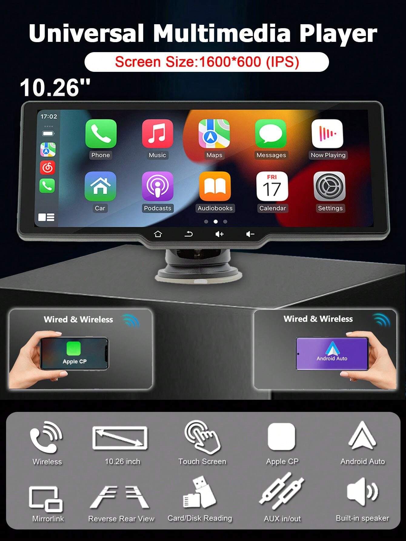 Rádio Multimídia para Carro de 26,06 cm com Apple CarPlay e Android Auto Sem Fio, Player de ...