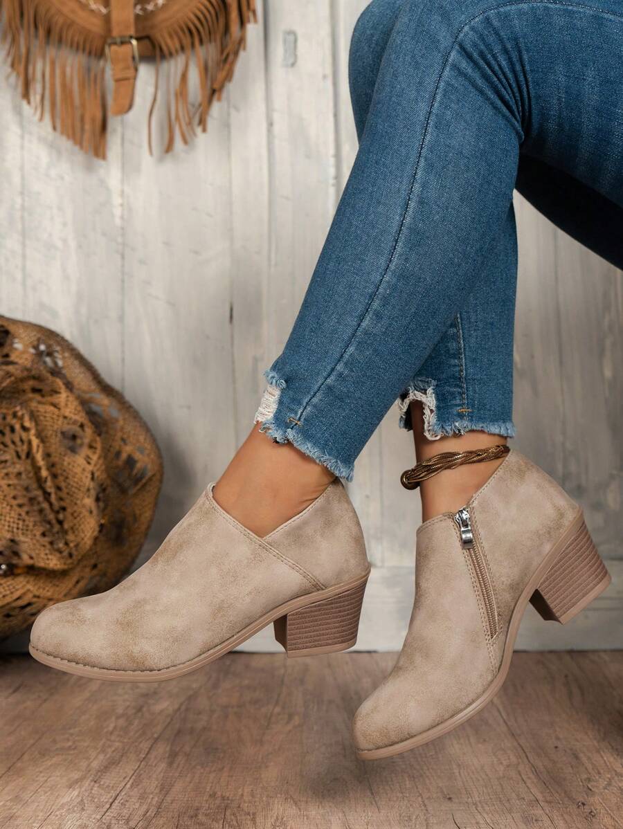 Women's Fashion Chunky Heel Side Zipper Casual Ankle Boots And Short ...