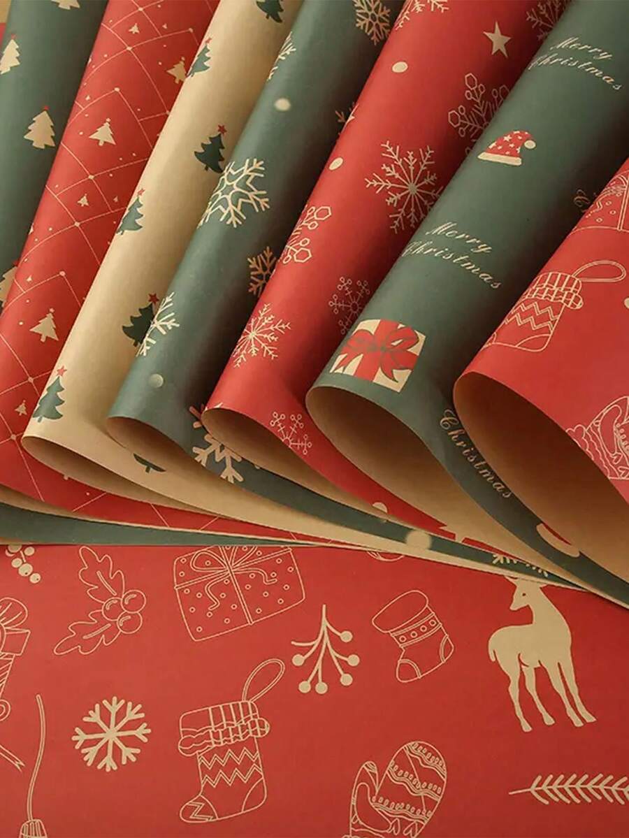 7 Rolls Christmas Wrapping Paper Set, Retro Kraft Paper Themed With ...