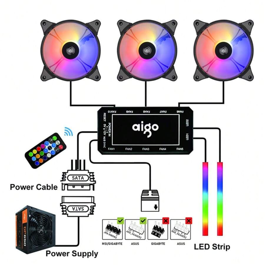 Aigo AR12 120mm Pc Computer Case Fan RGB Heatsink Aura Sync Sata Port ...