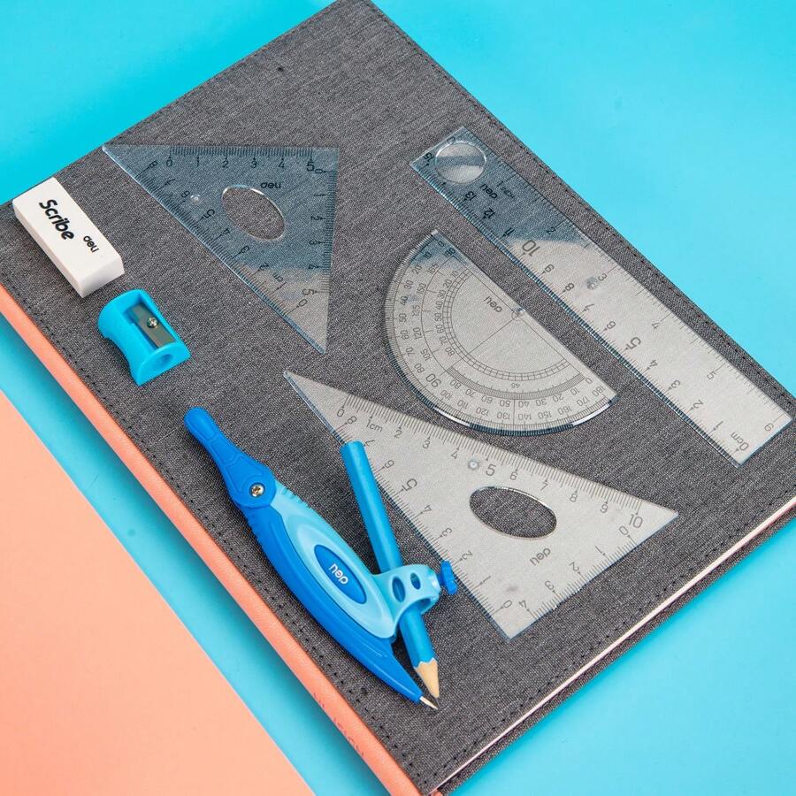 deli Deli 8 Pcs Blue Compass Math Drafting Set, Multiple Function, Four ...