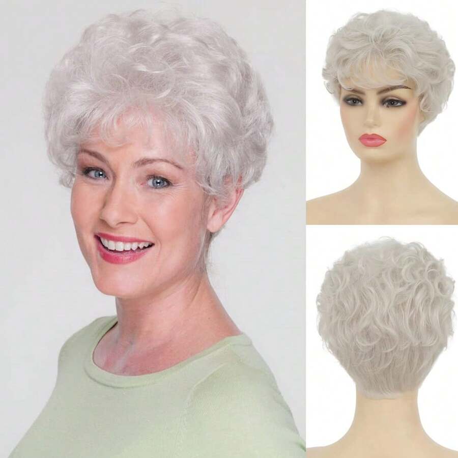 Short White Wigs For Women Synthetic Layered Curly Pixie Wig With Bangs ...
