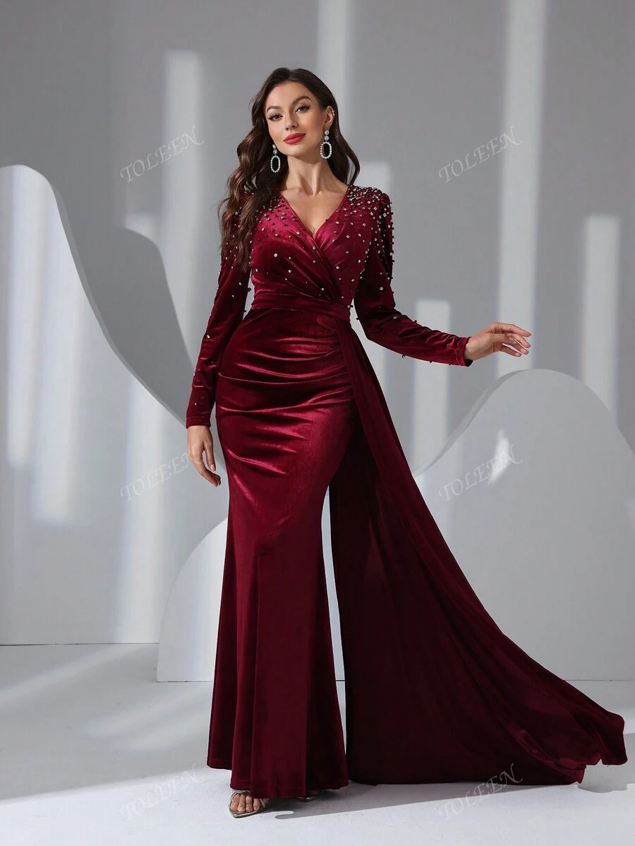 Women V-Neck Long Sleeve Rear Zipper Manual Bead & Crystal Embellished ...