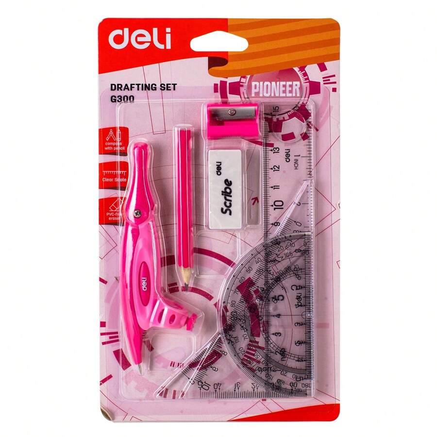 deli Deli 8 Pcs Pink Compass Math Drafting Set, Multiple Function, Four Kinds Rulers For ...