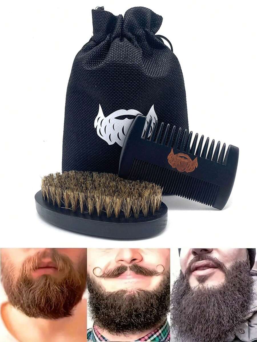 3-Piece Beard Grooming Kit - Premium Beard Brush, Double-Sided Beard ...