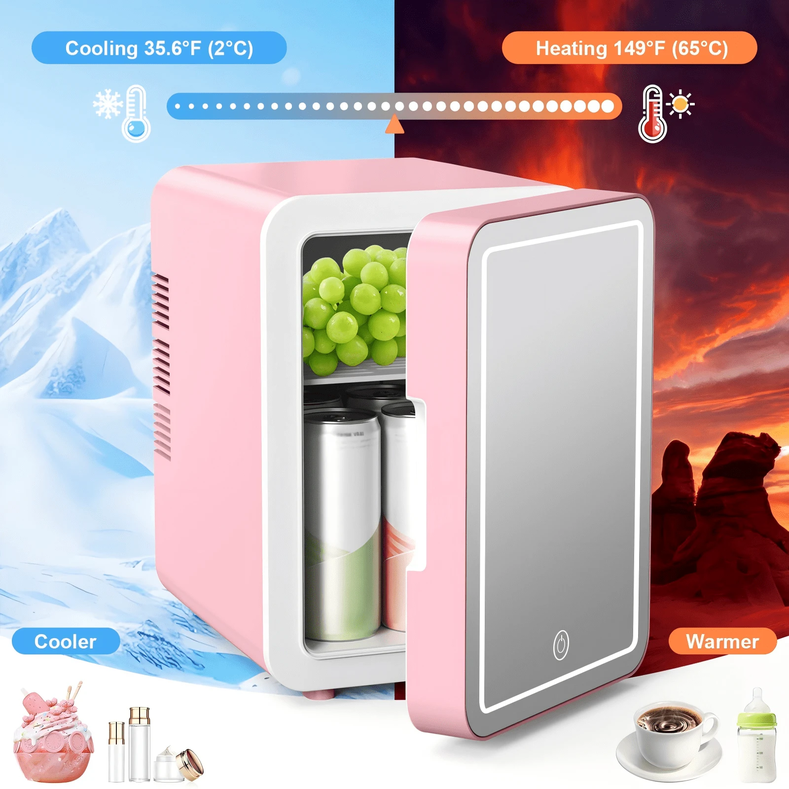 Mini Fridge Skincare With Dimmable LED Light Mirror, 4L/6Can Mini ...