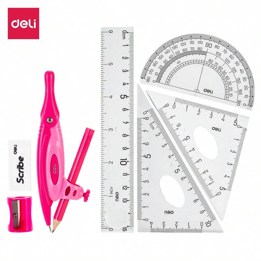 deli Deli 8 Pcs Pink Compass Math Drafting Set, Multiple Function, Four ...