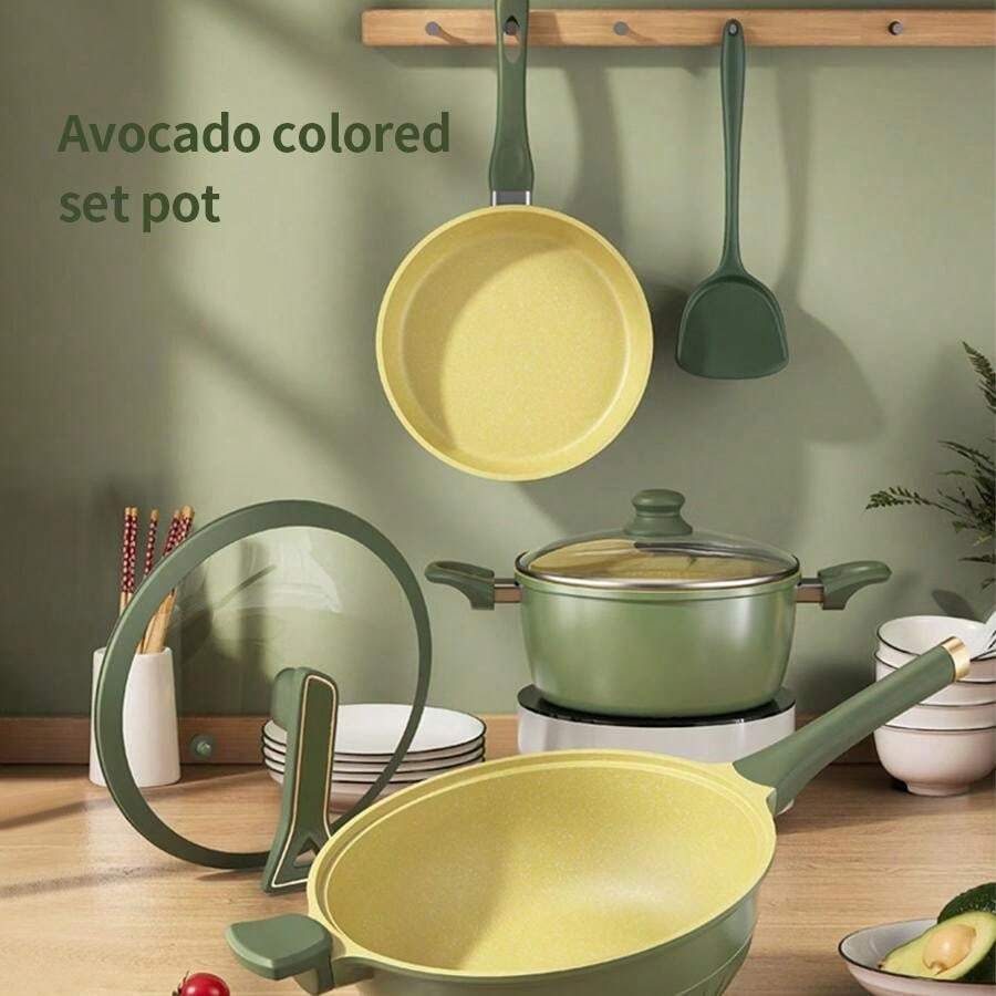 Avocado Green Frying Pan, Cooking Pot 5-Piece Set, Dark Colored ...