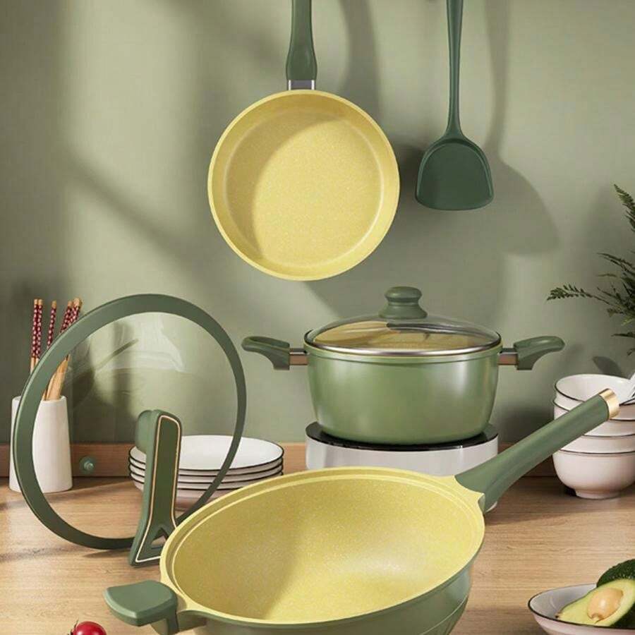 Avocado Green Frying Pan, Cooking Pot 5-Piece Set, Dark Colored ...