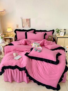 3pcs Soft Comfortable Purple Ruffled Bedding Set, Suitable For Bedroom ...