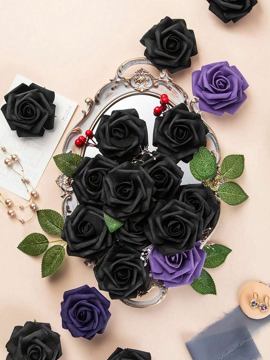 Artificial Flowers 25pcs Real Looking Black Foam Fake Roses With Stems ...