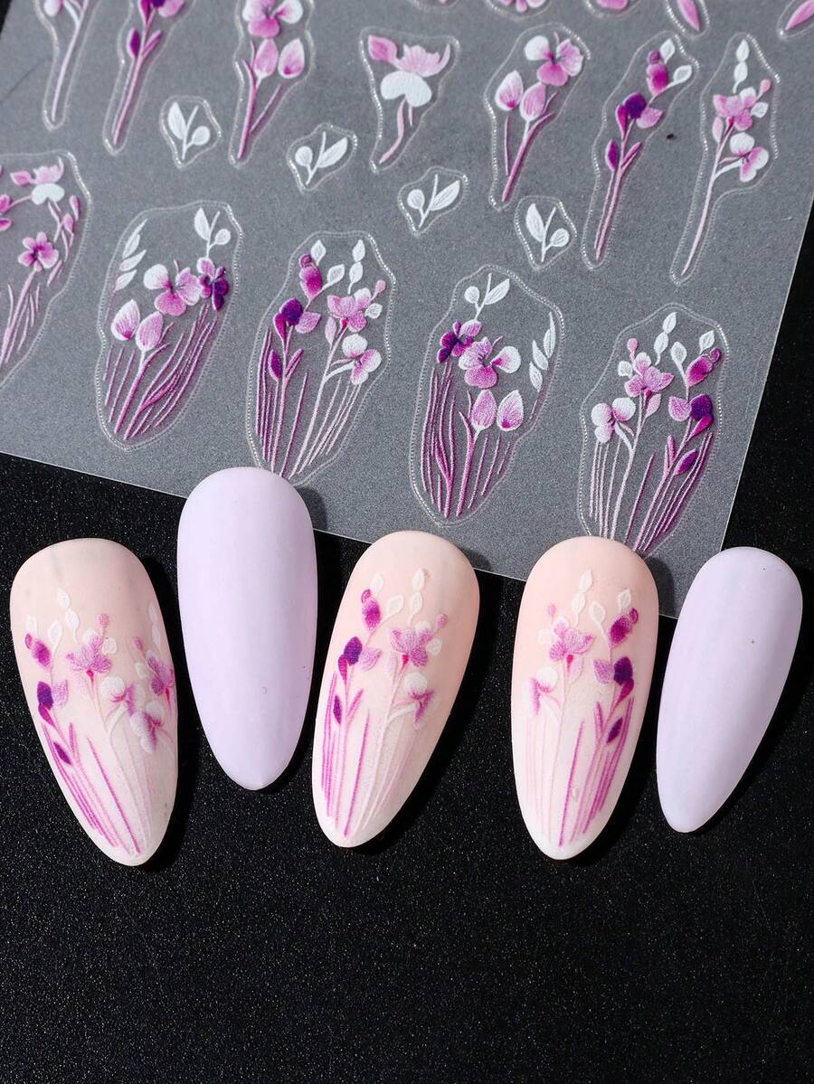 FULL BEAUTY 2pcs Pink Flower Nail Stickers Relief Elegant Five Petal ...