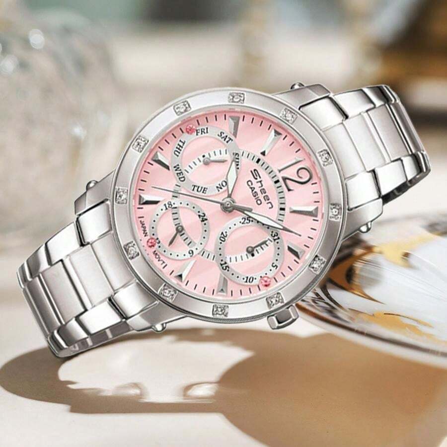 Casio Reloj Casio Sheen analógico para mujer, esfera rosa, cristal ...