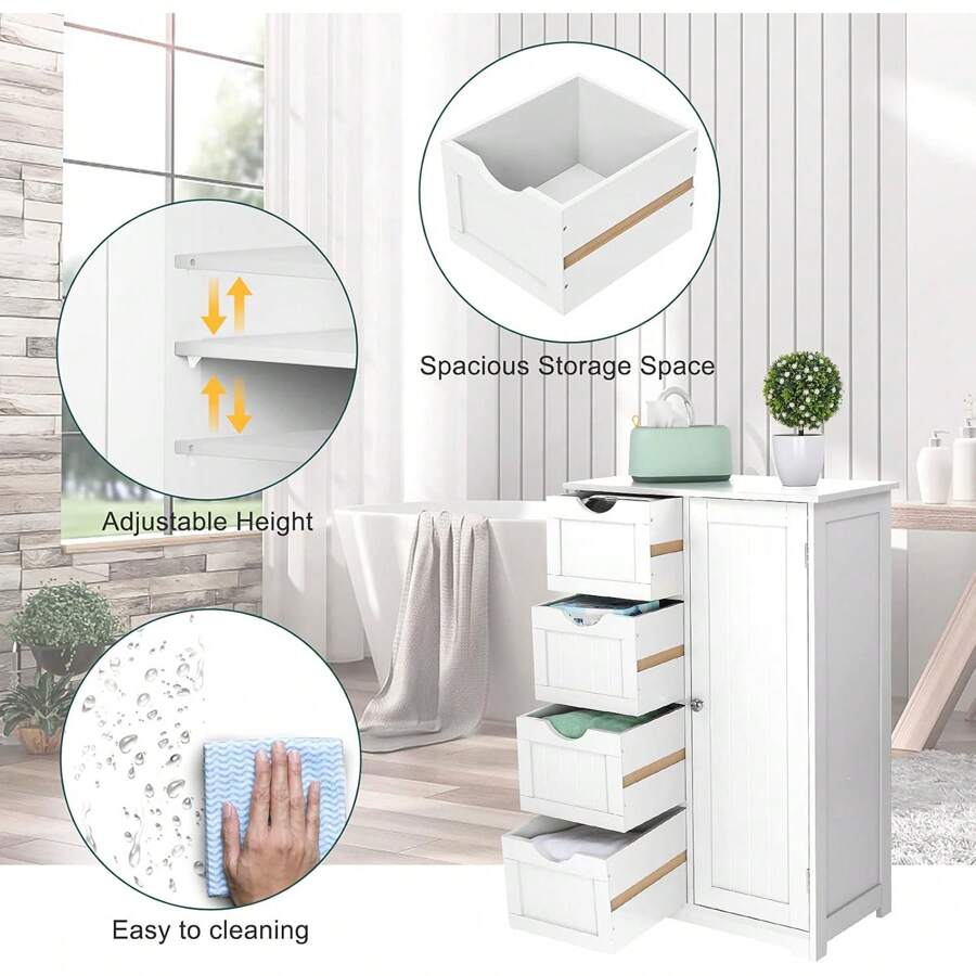 Wooden Floor Cabinet, Side Storage Organizer With 4 Drawers And 1 ...