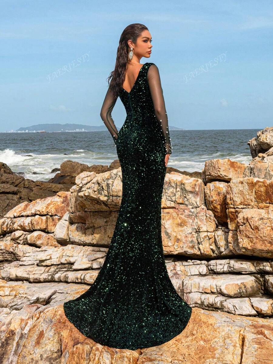 Faeriesty Elegant Sheer Sleeves Mermaid Hem Sequin Evening Dress, Long Sleeve Formal Prom Dress ...
