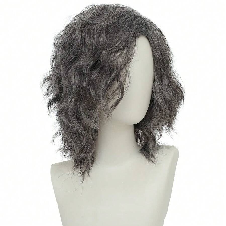 Women Grey Curly Wig Short Anime Gray Hair Wig Side Part Layered Fluffy ...