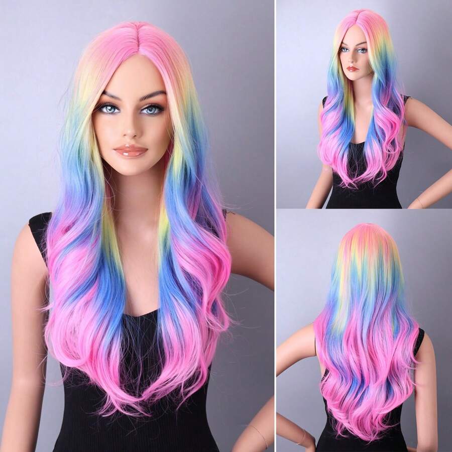 26inch Rainbow Wig Long Curly Wig With Bangs For Women Colorful Wigs ...
