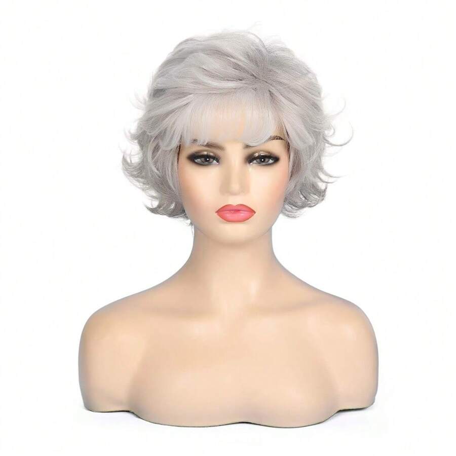 Short Grey Wigs For Women Wavy Wig With Bangs Fluffy Natural Looking ...