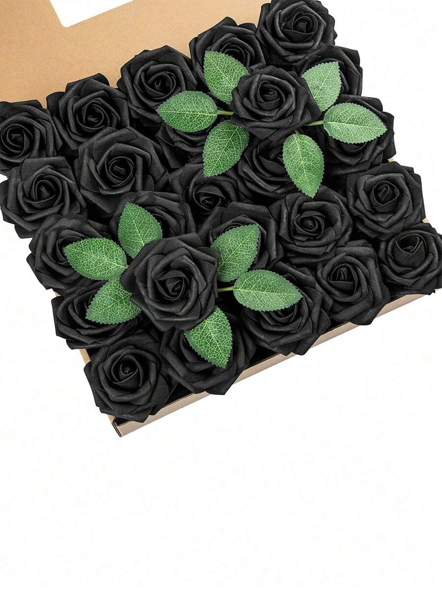 Artificial Flowers 25pcs Real Looking Black Foam Fake Roses With Stems ...