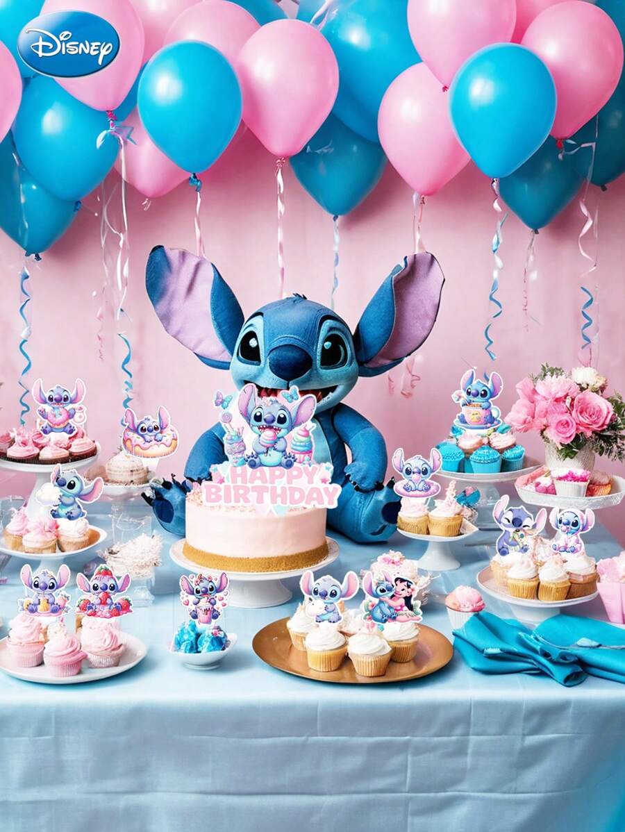 Disney 25PCS Stitch Cake Toppers Set Macaroon Pink Color Pink Themed ...