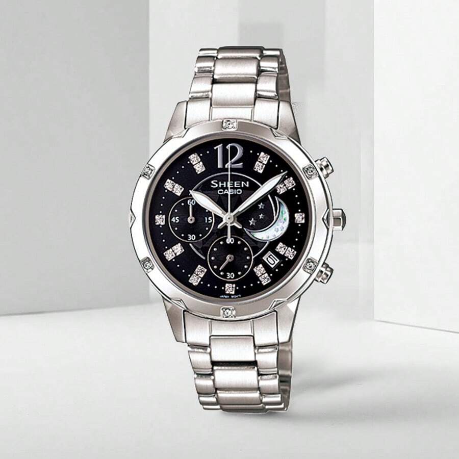 Casio Sheen Waterproof Stainless Steel Strap Black Analog Chronograph ...