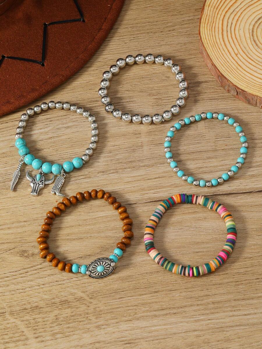 5pcs/Set Boho Style Wood Bead, Turquoise Leaf, Daisy, Bull Head & Bull ...