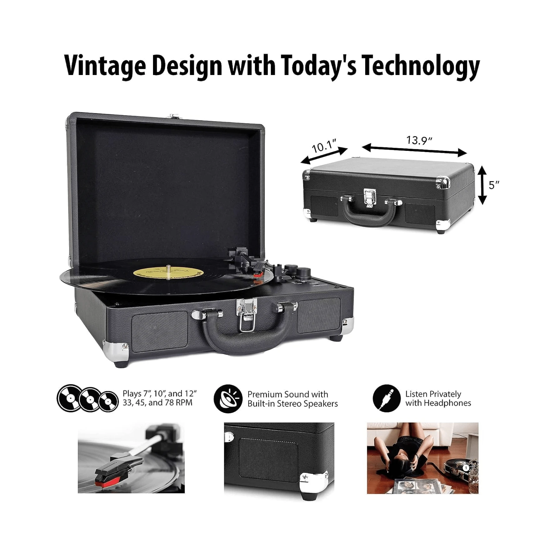 Vintage 3-Speed Bluetooth Portable Suitcase Record Player With Built-In ...