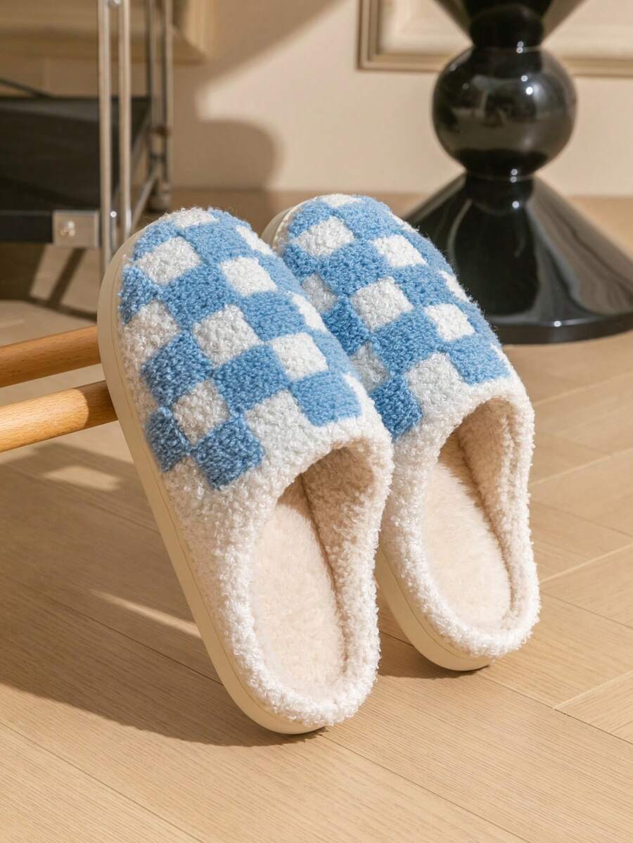 Women's Checkerboard Slippers, Comfy Fluffy Soft-Soled Warm Lined ...