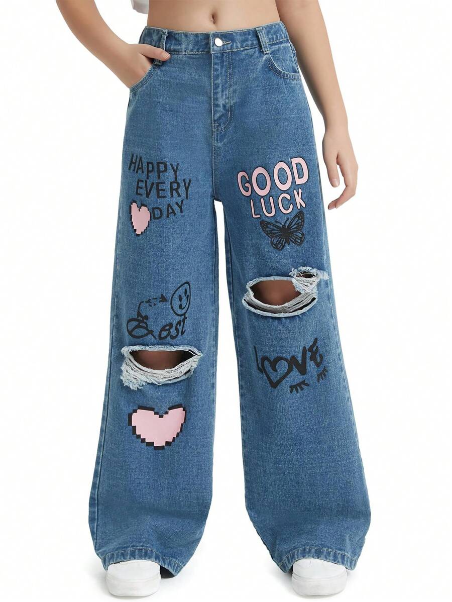 EXARUS EXARUS Tween Girl Jeans Pants Wide Leg Baggy Ripped Distressed ...