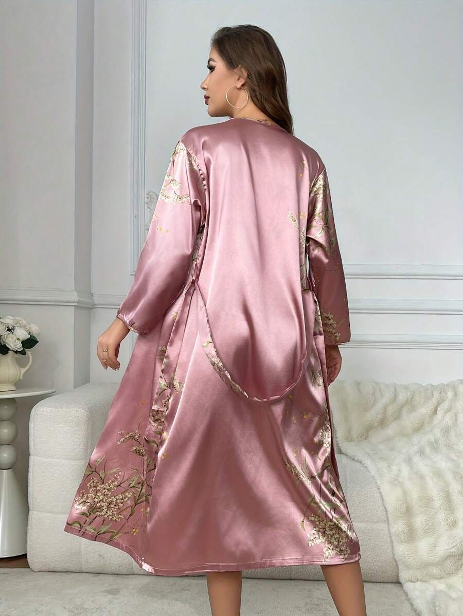 2pcs Women Elegant Floral Leaf Printed Silky Robe & Nightgown Set ...