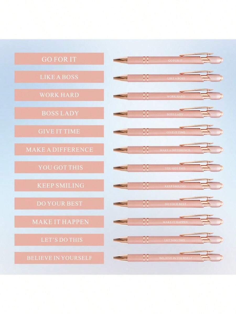 12pcs/Set Pink Inspirational Metal Ballpoint Pens With Stylus Tip, 1 ...