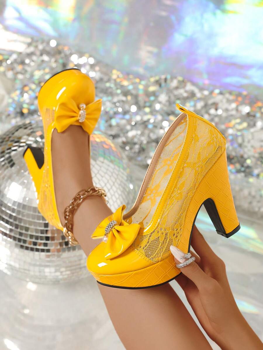Women's Lace, Rhinestone Bow Decor Platform High Heels Shoes, Yellow ...