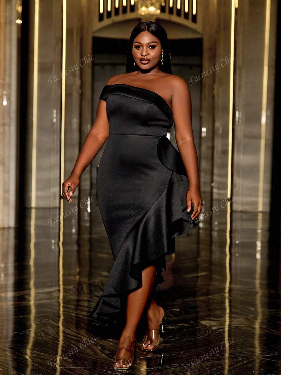 Faeriesty Plus Sloping Neck Asymmetrical Ruffle Hem Cocktail Party ...